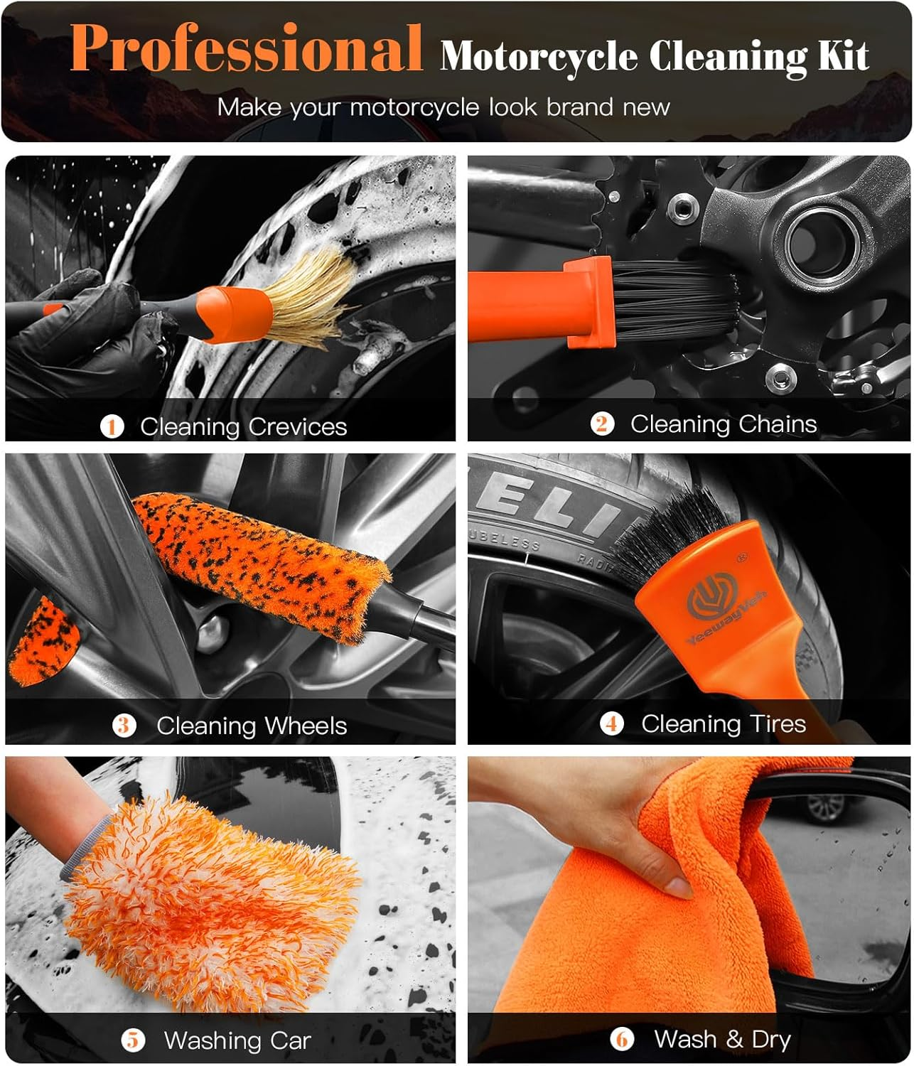 7PCS Motorcycle Cleaning Kit, 2-Size Bendable Wheel Brush, Tire and ...