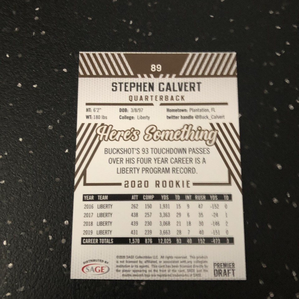 Stephen Calvert RC 2020 Sage HIT Premier Draft Football #89 NCAA ...