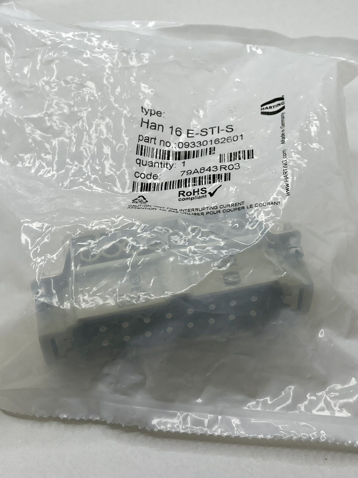 1 x HARTING HAN 16 E Series Male Connector Insert - Part No. 09 33 016 ...