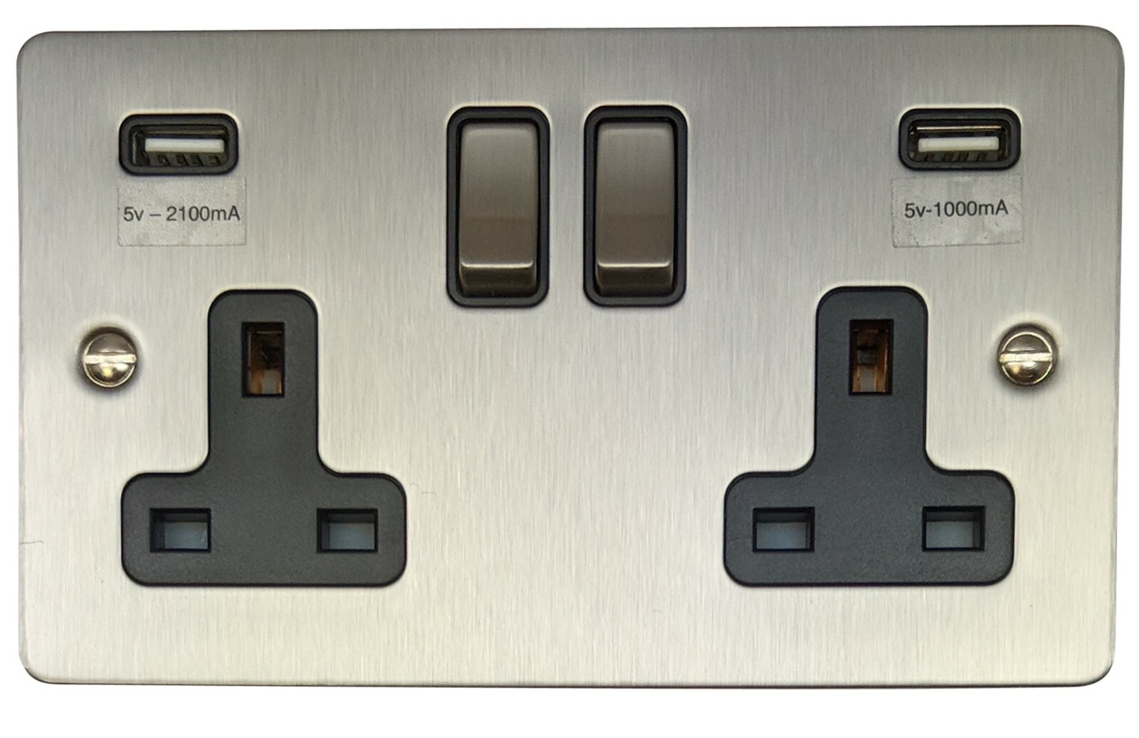 G&H FSS3910 Flat Plate Brushed Steel 2 Gang Double Plug Socket USB ...