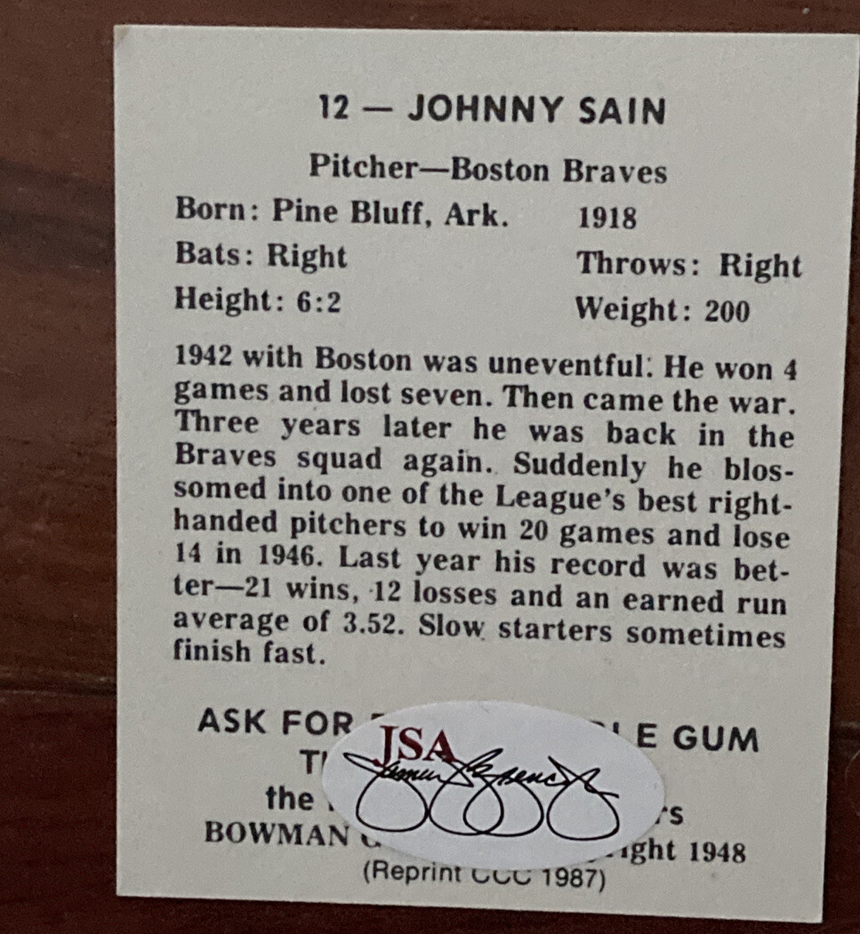 Johnny Sain Signed Baseball Card Jsa Reprint Bowman Card | eBay