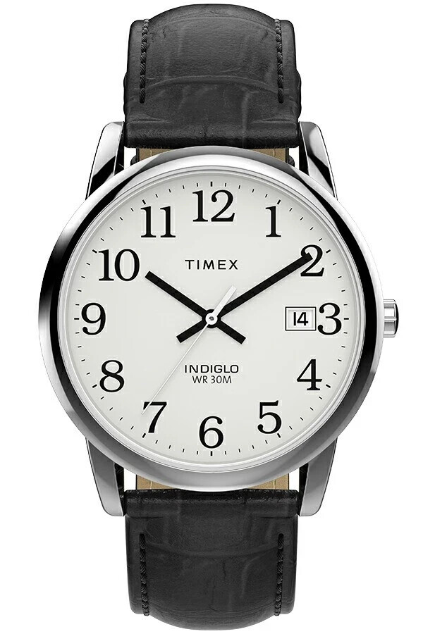 Timex TW2W95400, Men's Easy Reader Black Leather Watch, Indiglo, Date ...