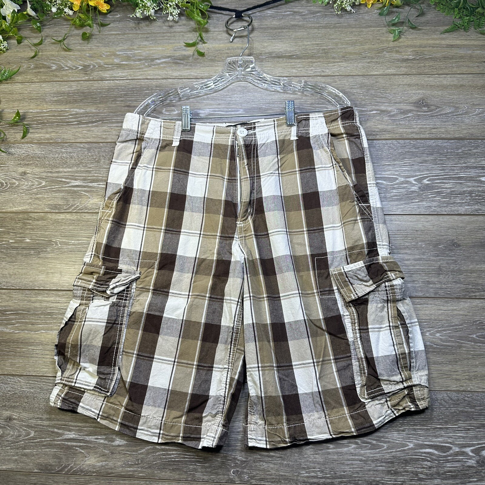 Ocean Pacific Shorts Size 34 Relaxed Brown Plaid Cargo Pockets Men’s ...