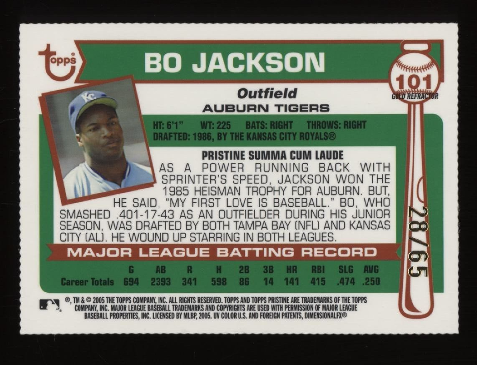 2005 Bo Jackson Topps Pristine Legends Baseball Gold Refractor #28/65 ...