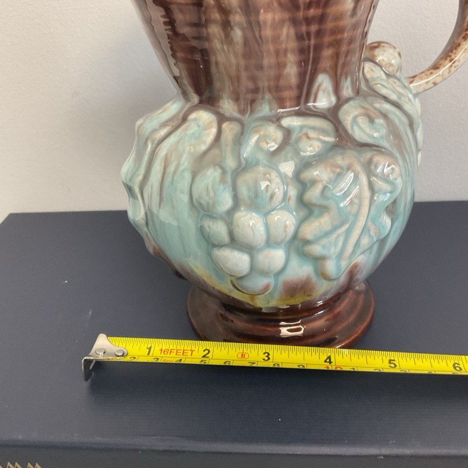 Vintage West German Pottery Leaf Jug Brown Turquoise Blue Drip Glaze ...
