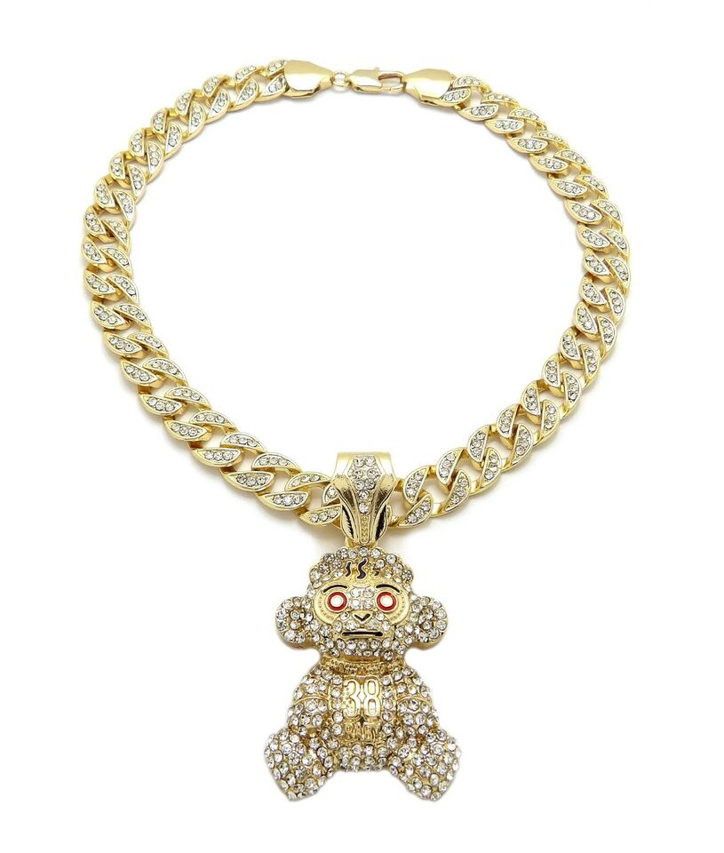 38 Baby Young Boy Monkey Pendant & 10mm 18" 20" 24" Iced Cuban Chain ...