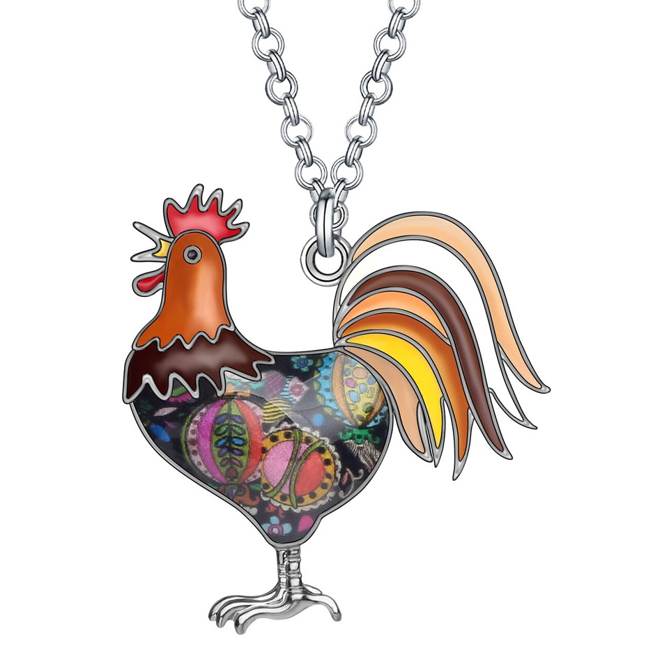 Enamel Alloy Floral Rooster Chicken Necklace Pendants Novelty Animals ...