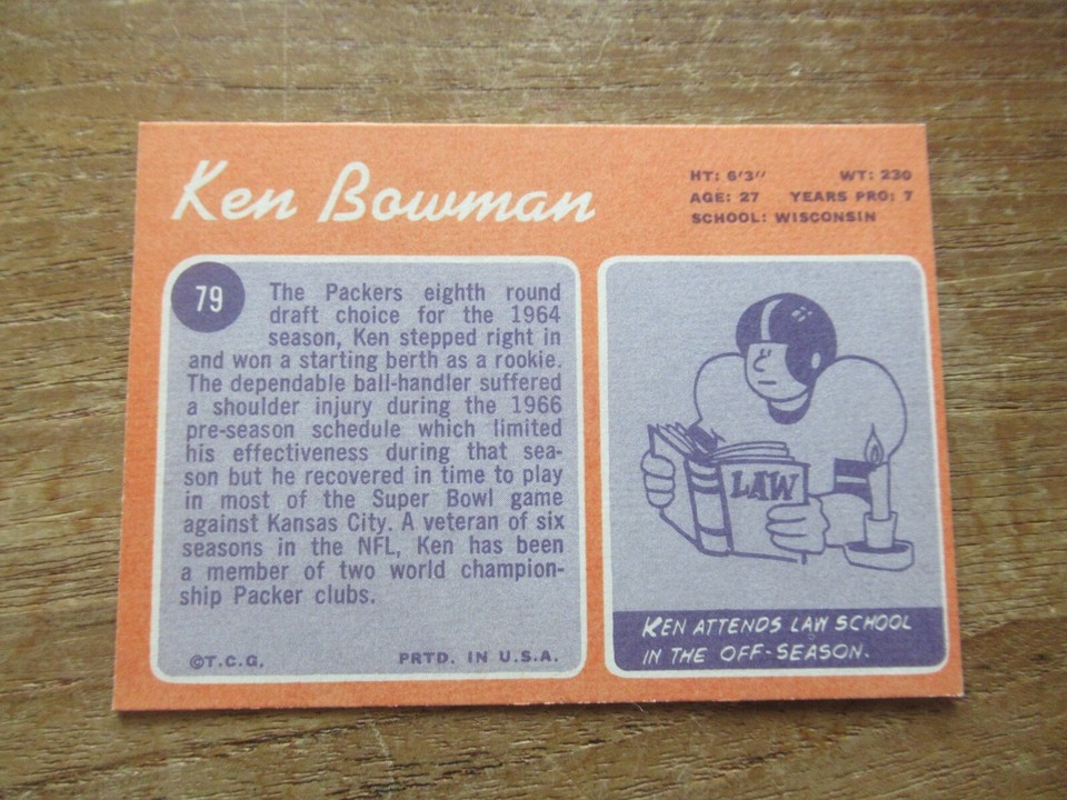 1970 TOPPS FOOTBALL KEN BOWMAN #79 ROOKIE CARD GB PACKERS HIGH GRADE | eBay