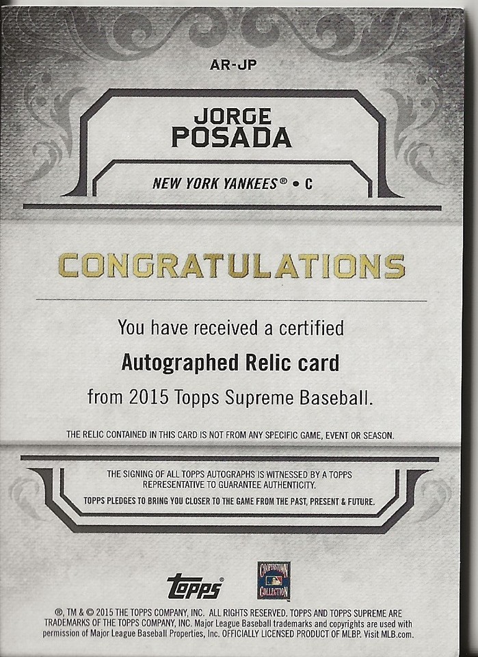 2015 Topps Supreme Auto Relics signed by Jorge Posada, 15/25. | eBay
