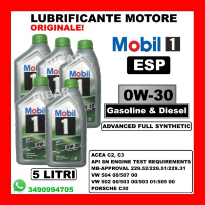 OLIO MOTORE ORIGINALE MOBIL 1 ESP 0W30 SINTETICO ACEA C2/C3 DA 5 LITRI ...