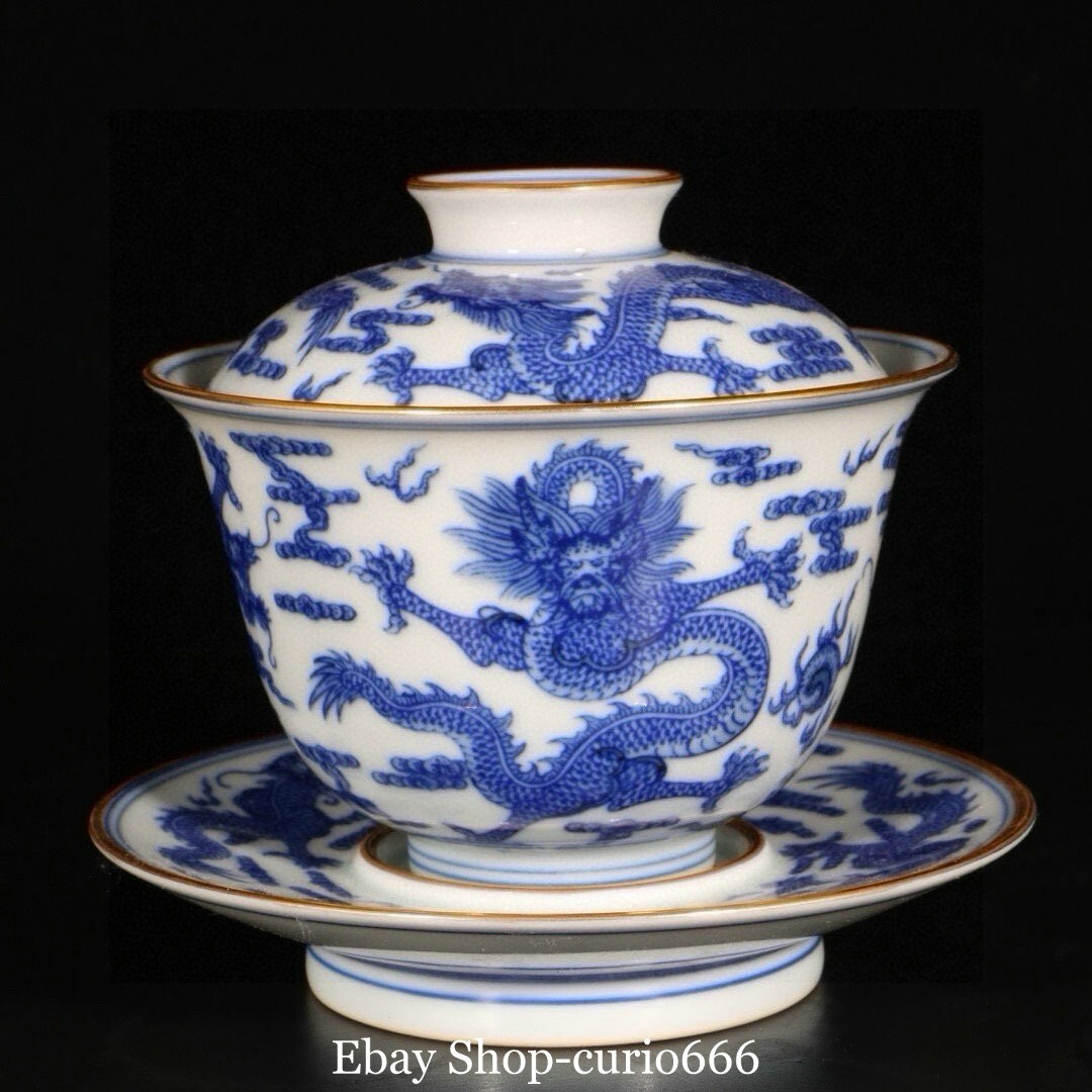 Old Qianlong Blue White Porcelain Gilt Dragon Loong Animal Tea Cup Bowl ...
