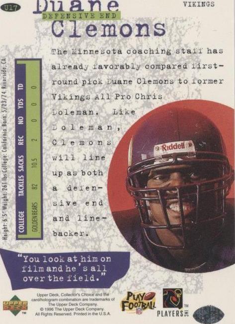 1996 Upper Deck Collector's Choice Update Duane Clemons #U17 for sale ...