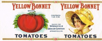 YELLOW BONNET Brand TOMATO SPRINGFIELD MISSOURI Canned Fruit Label Art ...