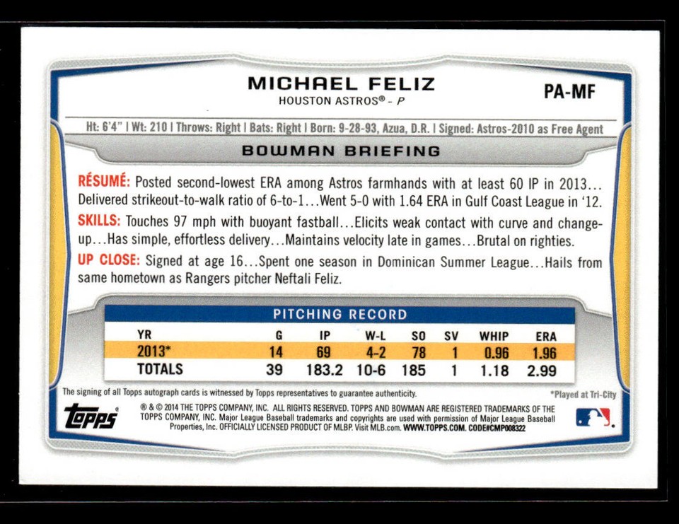 2014 Bowman Prospect Autographs #PAMF Michael Feliz | eBay