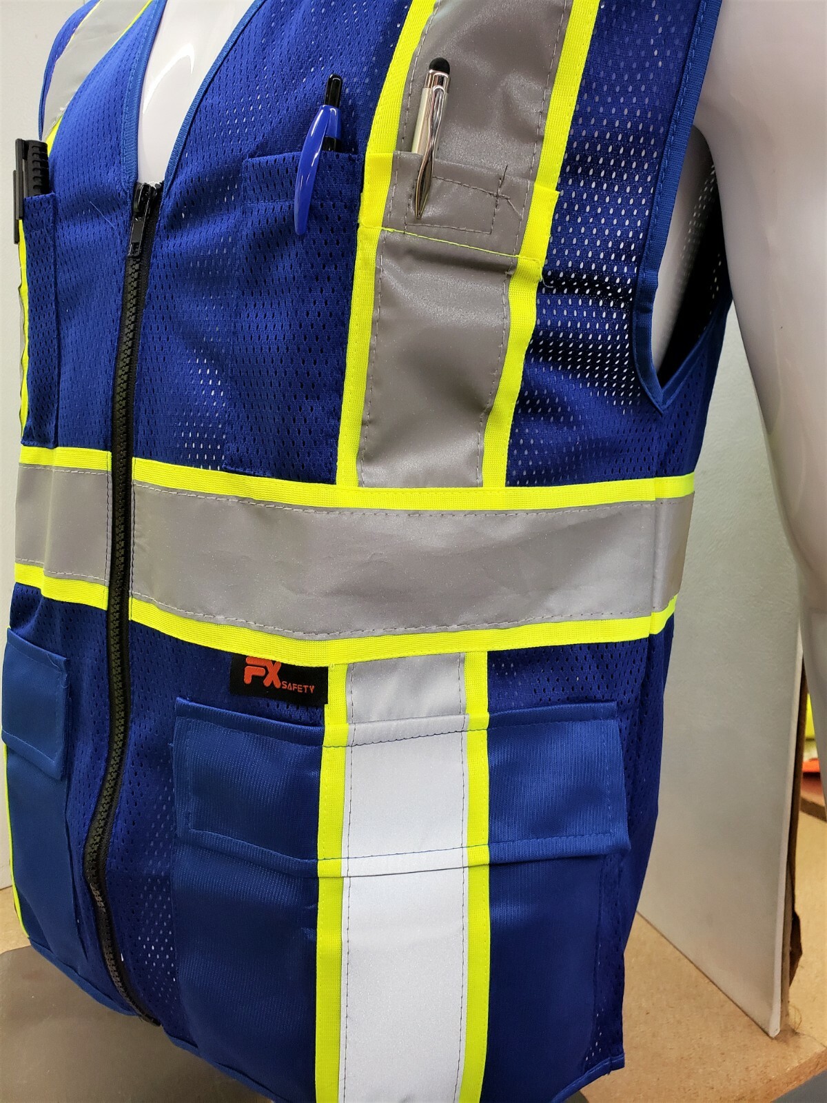 FX Two Tone HI-VIS Blue Safety Vest with 4 Front Pocket Small to 5XL | eBay