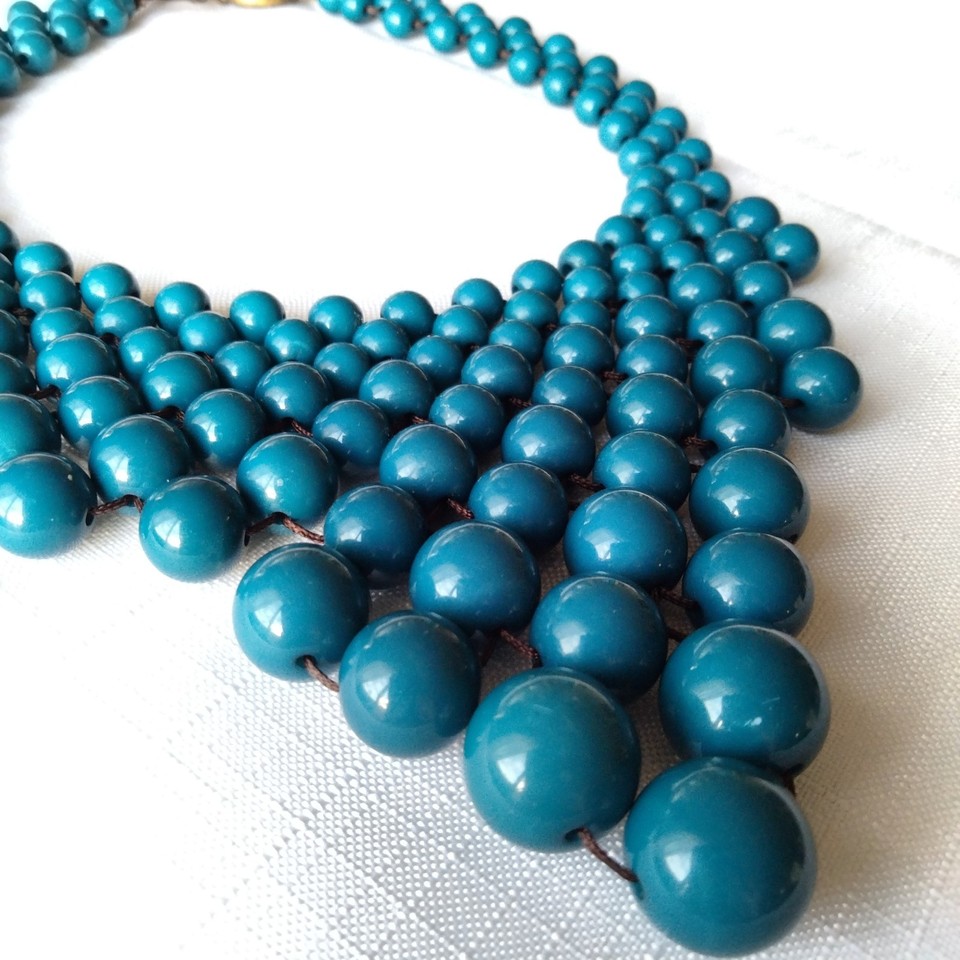 Teal Acrylic Beaded Chunky Bib Collar Necklace Brass Retro Rare Adj. 14 ...