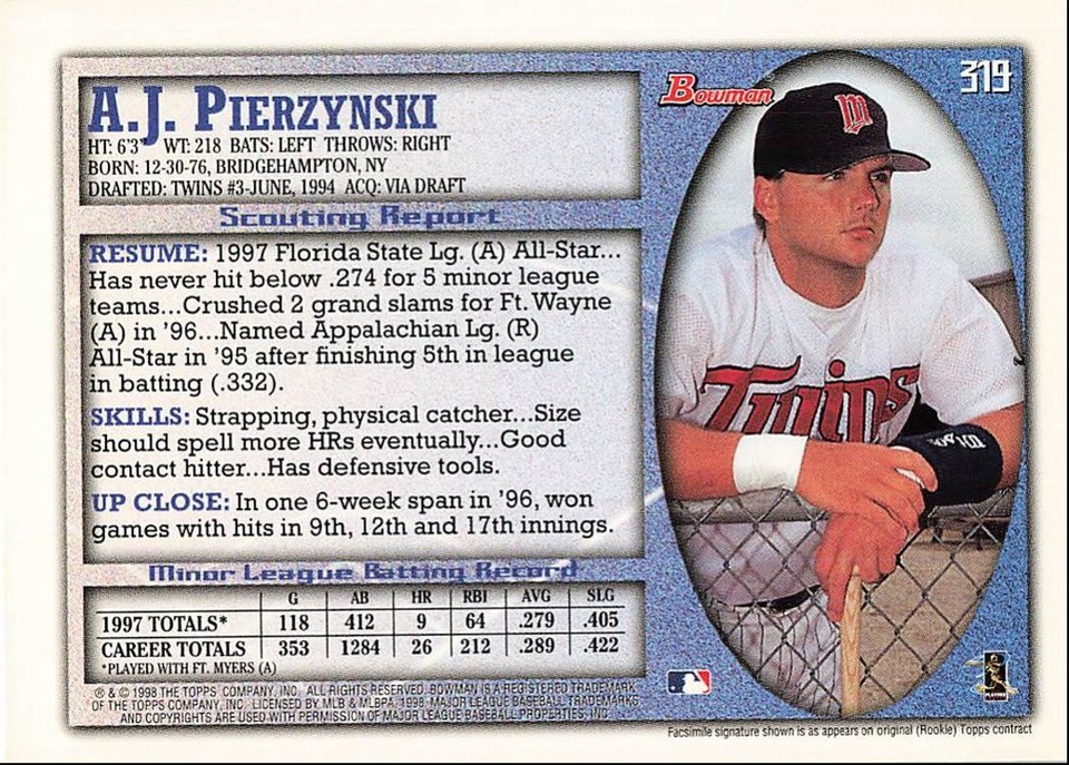 1998 Bowman A.J. Pierzynski Minnesota Twins #319 | eBay