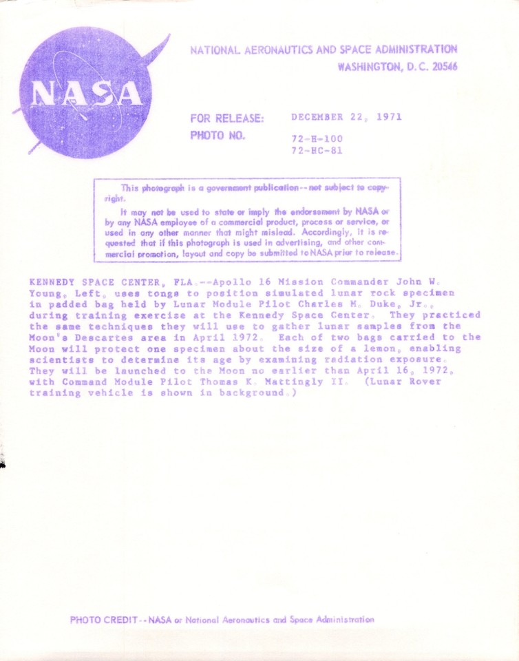 Apollo 16 | RARE NASA 1971 Young Duke Training Exercise 10x8 Original ...