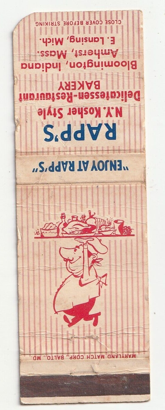 MATCHBOOK COVER RAPP'S DELICATESSEN AMHERST MASSACHUSETTS & BLOOMINGTON ...