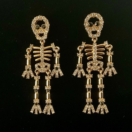 Skeleton Dangle Earrings Gold Tone Rhinestones Articulating Bijoux Bar ...