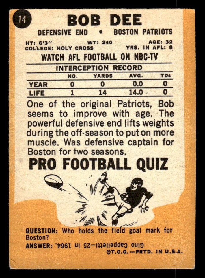 1967 TOPPS BOB DEE 14 VG FOOTBALL BOSTON PATRIOTS | eBay
