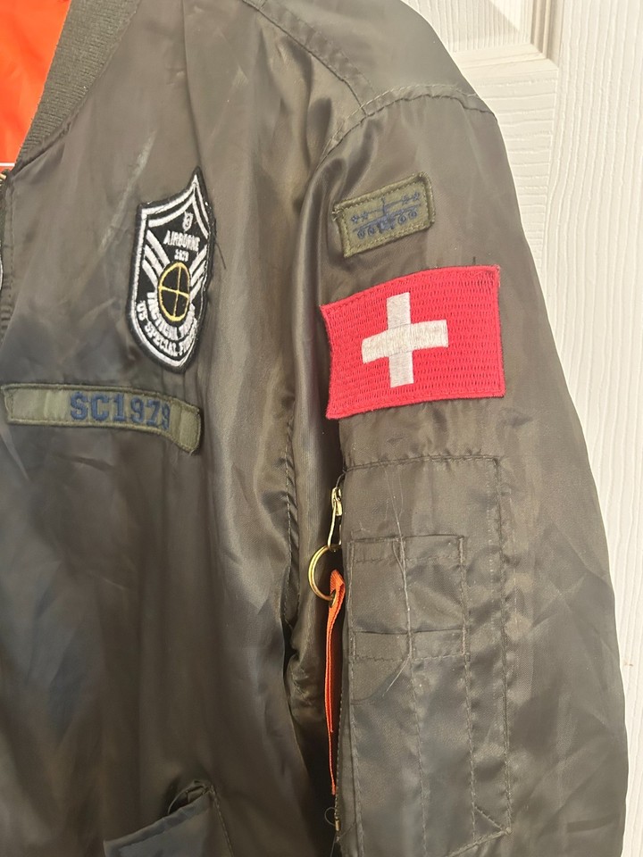 Swiss Cross Bomber Jacket Mens Military Armed Services Patches Sheriff ...