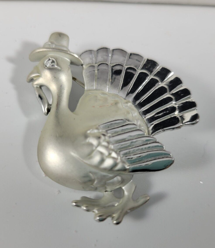 Vintage Thanksgiving Turkey Silver Tone Matte Polished Signed AJC ...