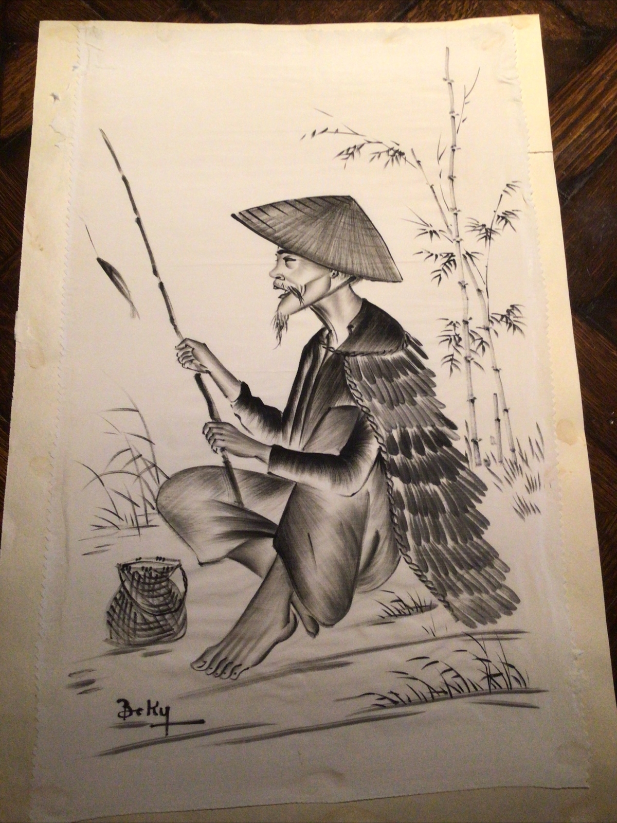 Artist BEKY Ink on Silk PAINTING of “Fisherman” Asia Art fishing | eBay