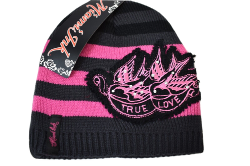 Miami Ink Womens True Love Sparrows Black & Pink Beanie Knit Hat New ...