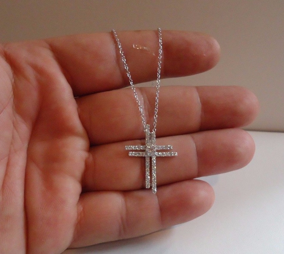 925 STERLING SILVER DOUBLE CROSS NECKLACE PENDANT W/ 2 CT LAB DIAMONDS ...