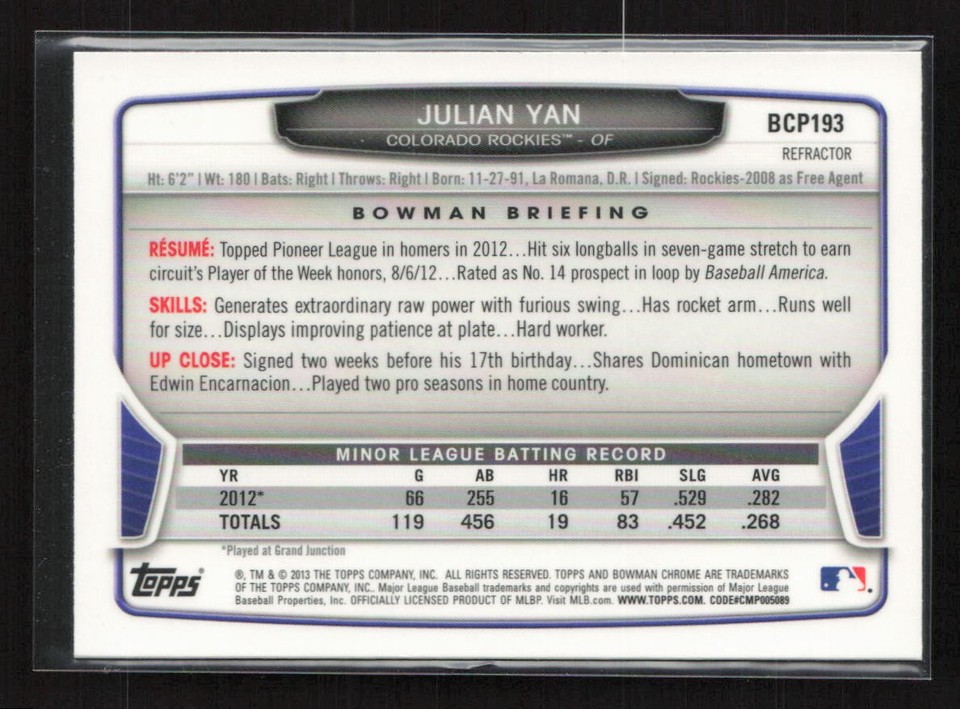2013 Bowman Chrome #BCP193 Julian Yan Prospects Green Refractors ...