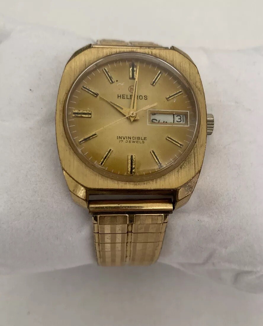 Vintage Helbros Invincible 17 Jewels Gold Tone Day Da… - Gem