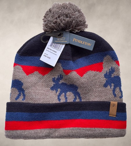 Pendleton Moose Knit Beanie Hat Pom Pom One Size Retro Scene Winter Cap ...