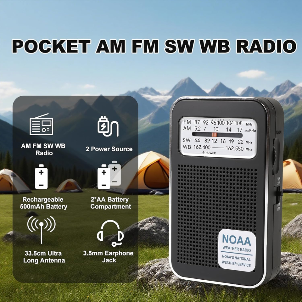 Rechargeable Emergency NOAA Weather Radio, 4 Bands AM FM SW WB Pocket ...