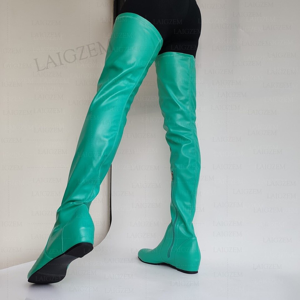 Women Thigh High Boots Faux Leather Round Toe Side Zip Mid Hidden Heels ...