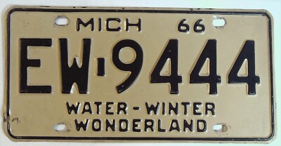 Michigan MI License Plate Tag Vintage 1966 #EW-9444 Triple 4 Water ...
