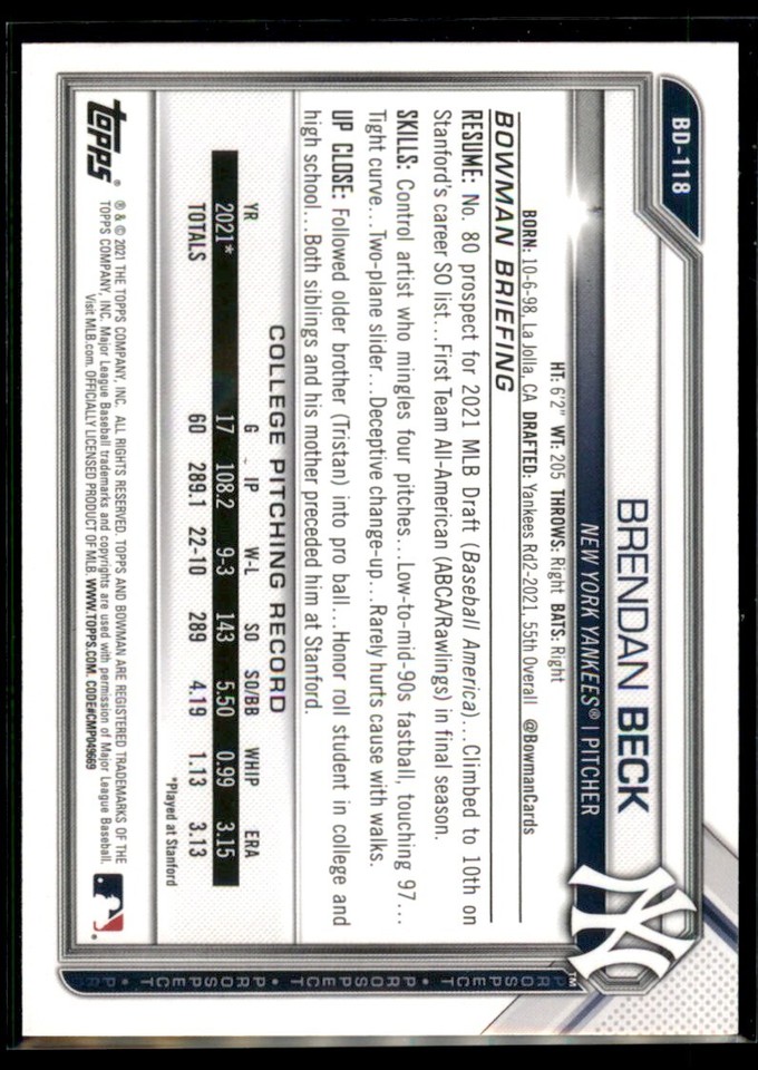 2021 Bowman Draft 1st Brendan Beck New York Yankees #BD-118 - QTY | eBay