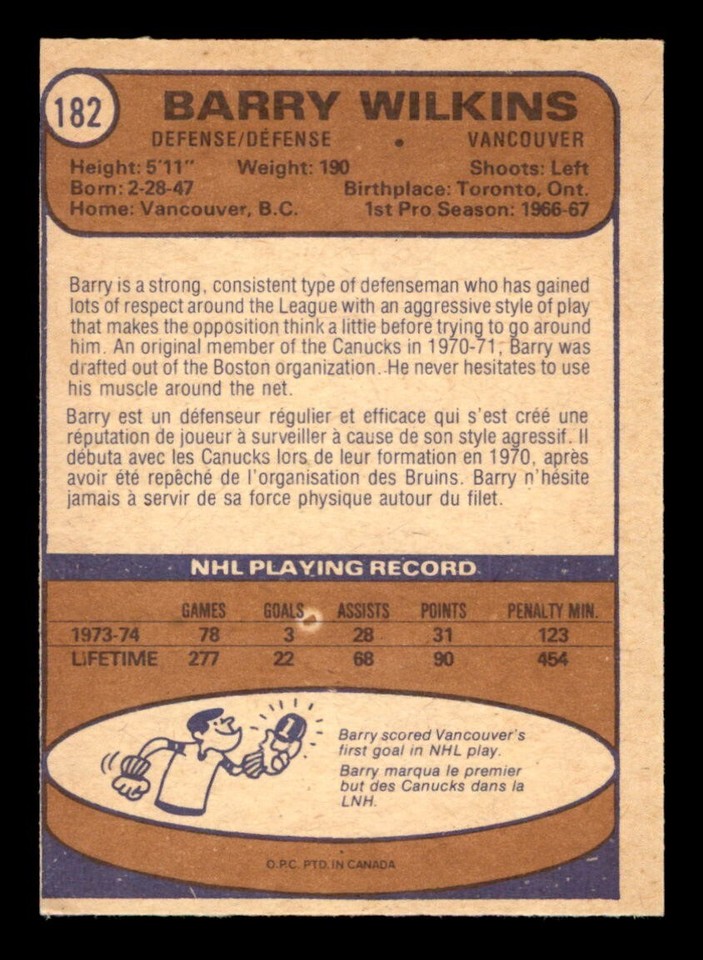 1974 OPC O-Pee-Chee Hockey #182 Barry Wilkins VG/EX | eBay