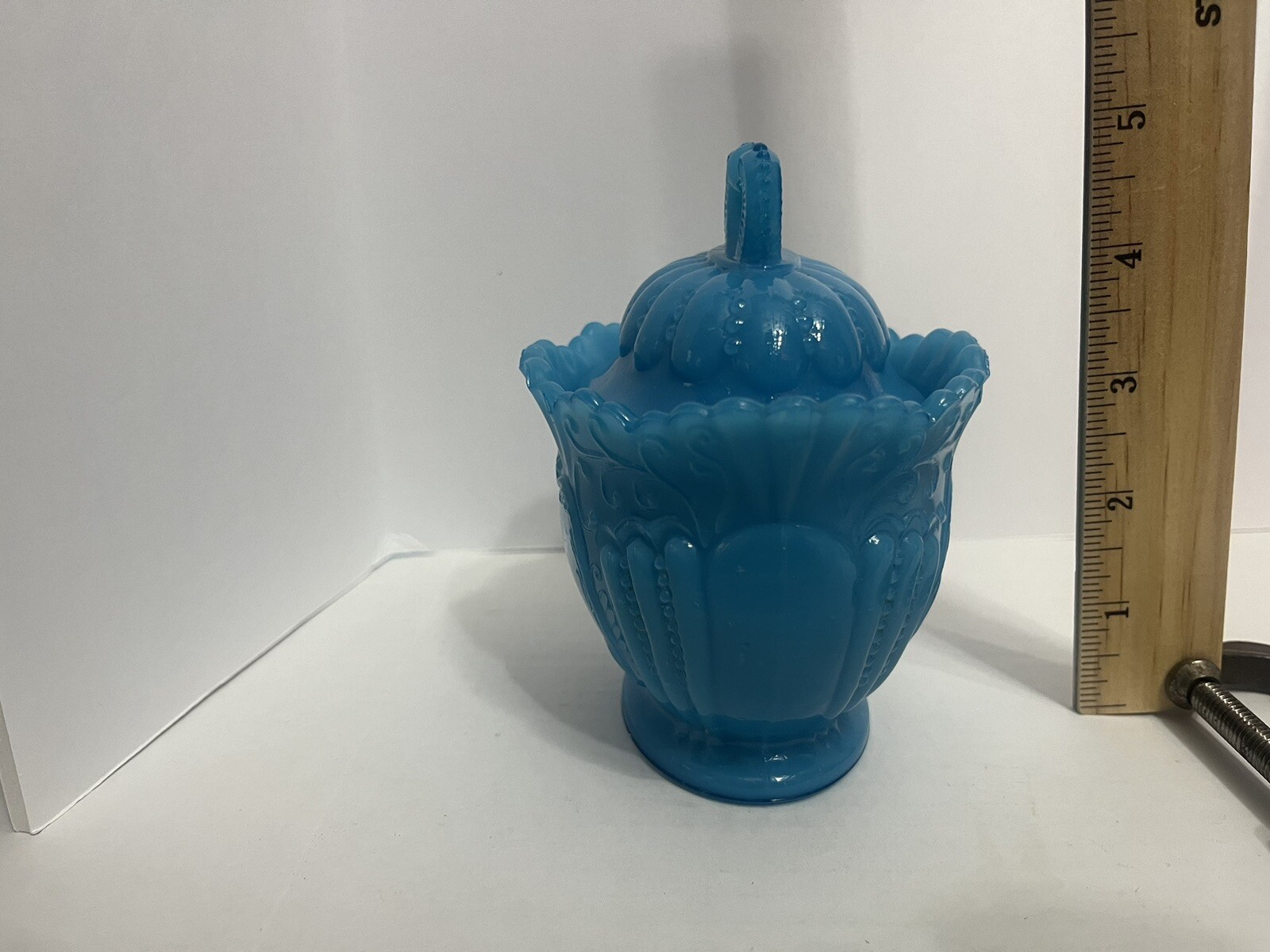 Antique Fancy Blue Milk Glass Bowl Lidded Candy Dish Scrolls Beaded ...