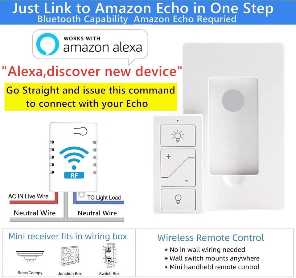 Smart Wireless Dimmer Switch and Receiver Kit, NO Wiring, Work With ...