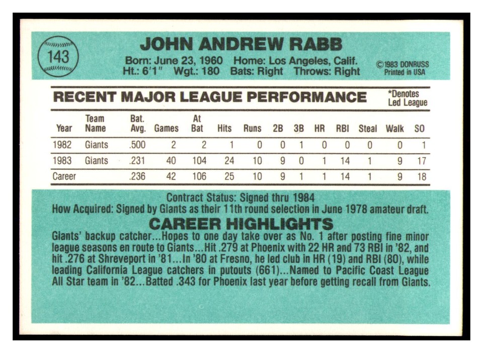 1984 Donruss John Rabb RC #143 San Francisco Giants | eBay