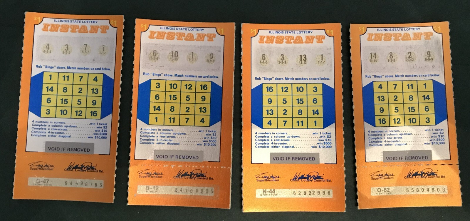Illinois Bingo Instant Lottery Set of 4 different issued 1977, no cash ...