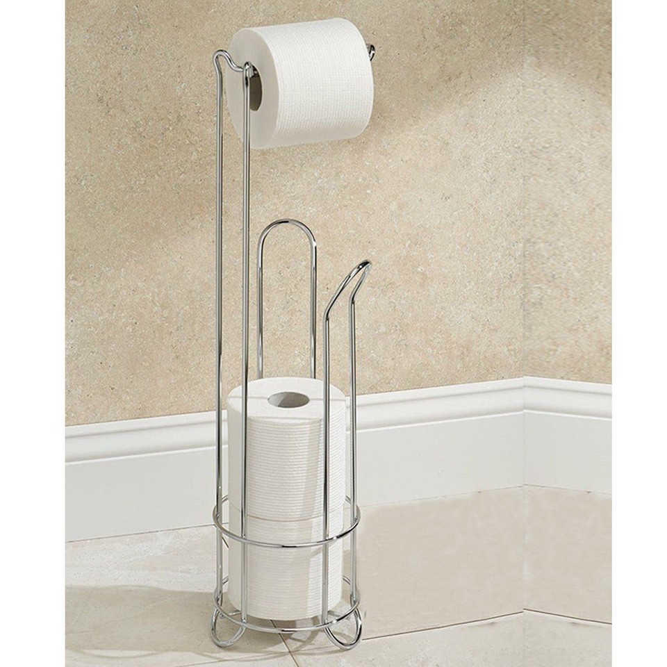 FREE STANDING CHROME TOILET PAPER LOO ROLL STORAGE HOLDER FRAME ...