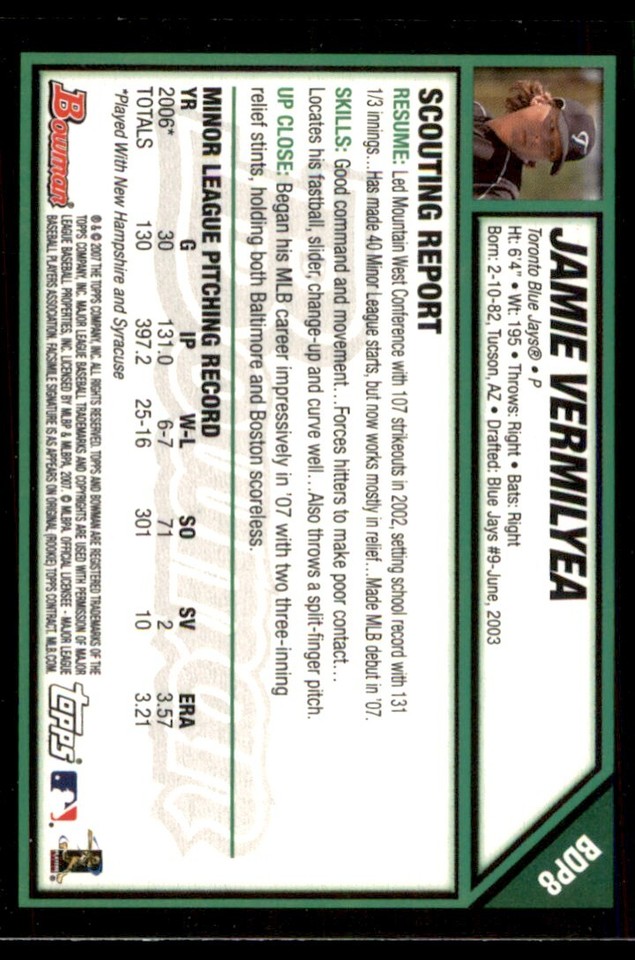 2007 BOWMAN DRAFT PICKS & PROSPECTS JAMIE VERMILYEA RC TORONTO BLUE ...