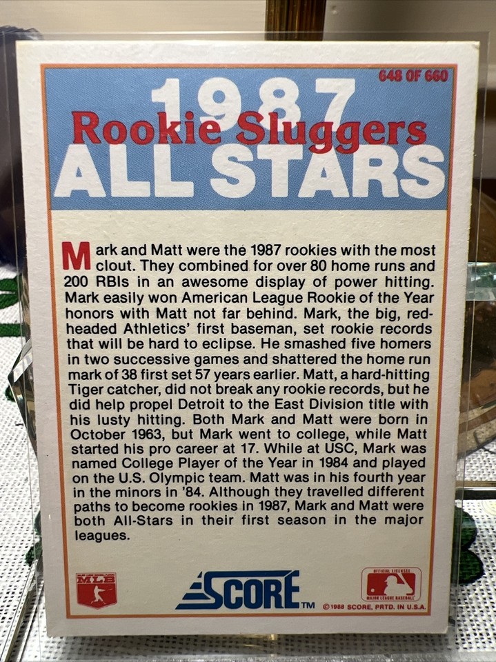 1988 Score Mark McGwire Matt Nokes #648 Oakland Athletics Detroit ...