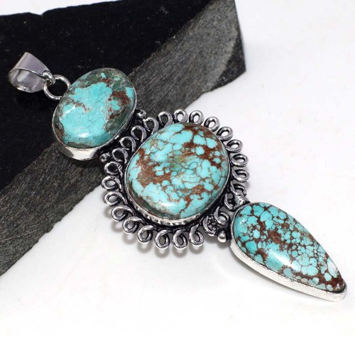 New Lander Turquoise 925 Silver Plated Long Gemstone Pendant 3.2" GW | eBay