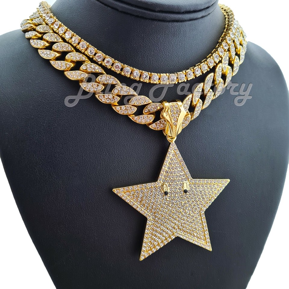 Hip Hop Iced Large Mario Star & 18" Iced Cuban & 1 Row Chain Bling ...