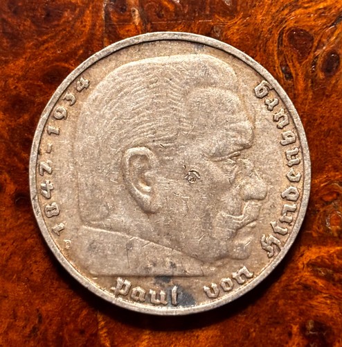 1936-D German Nazi Era 5 Reichsmark Hindenburg .900 Silver Coin Munich ...