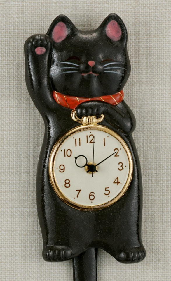 Japanese Black Lucky Cat Manekineko Wall Pendulum Clock Pottery Seto ...