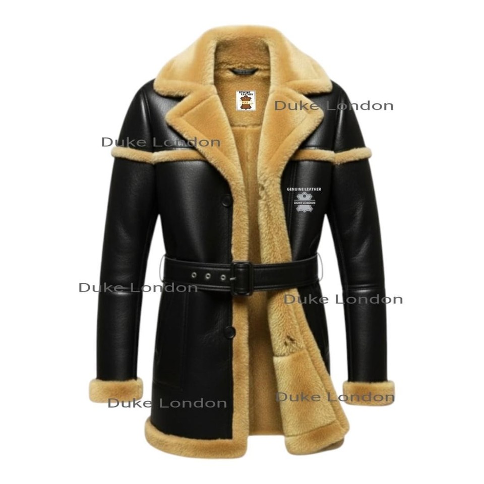 Men Real Sheep Skin Leather Long Coat Fur Vintage Retro Leisure Bomber ...